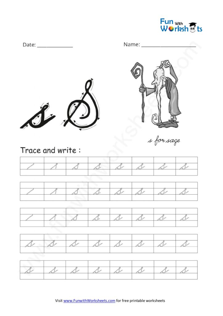Cursive Handwriting (small Letter s) - free printable worksheets