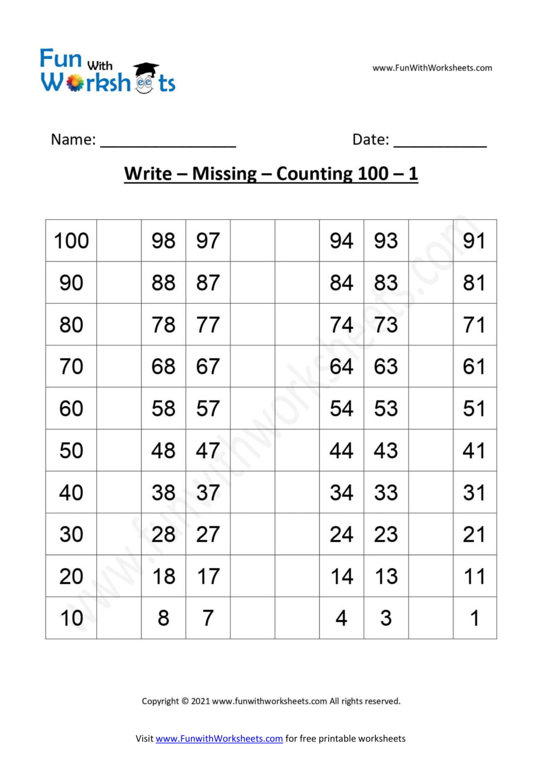 Write and Learn Reverse Counting - Write missing Numbers