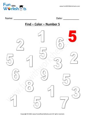 Find Color Number - five - Free printable worksheets