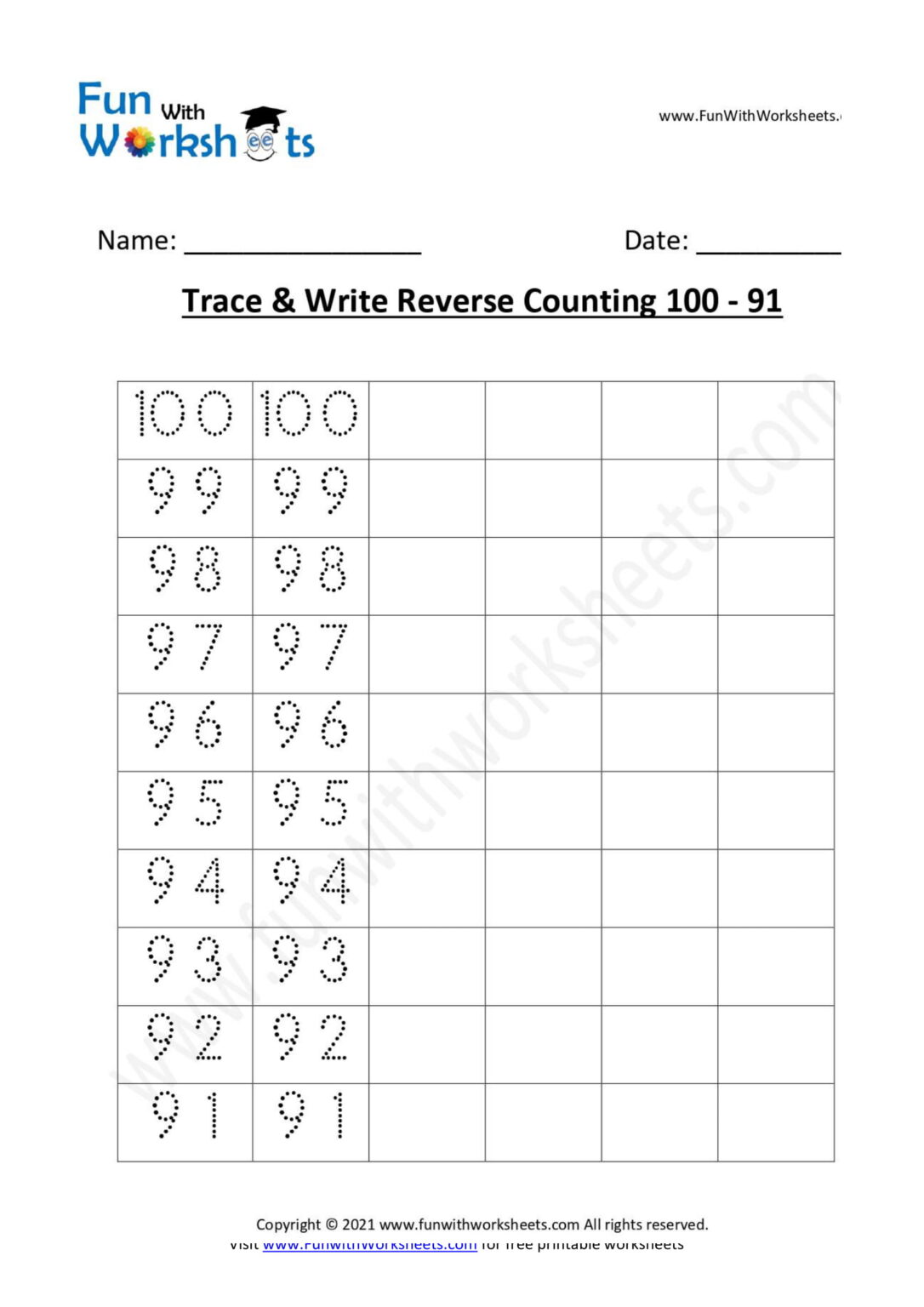 Free Printable Worksheets -trace write reverse counting Archives - FUN ...