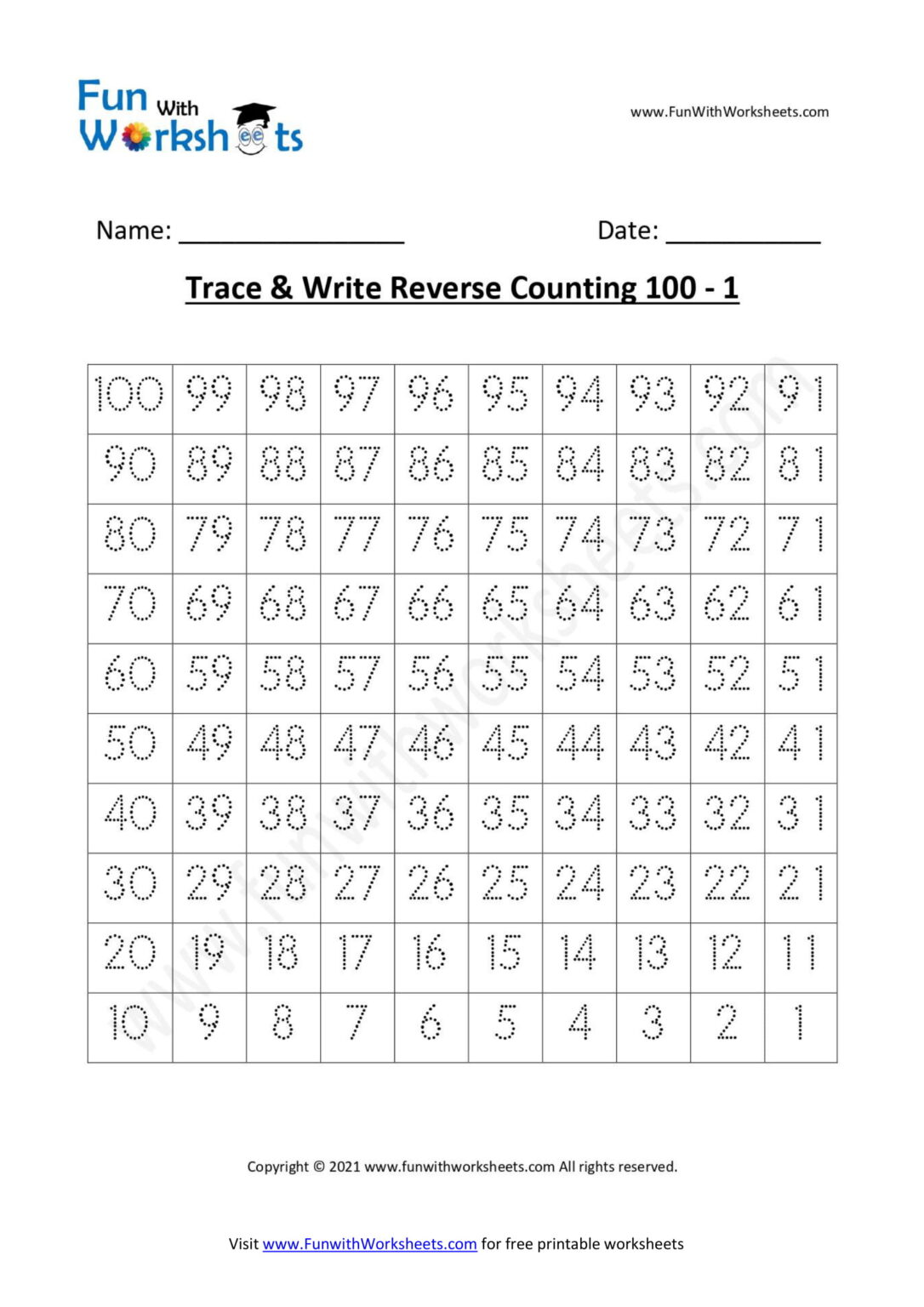 Trace and Learn Reverse Counting Practice worksheets 100-1