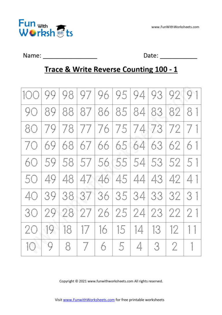 Trace and Learn Reverse Counting Practice worksheets 100-1