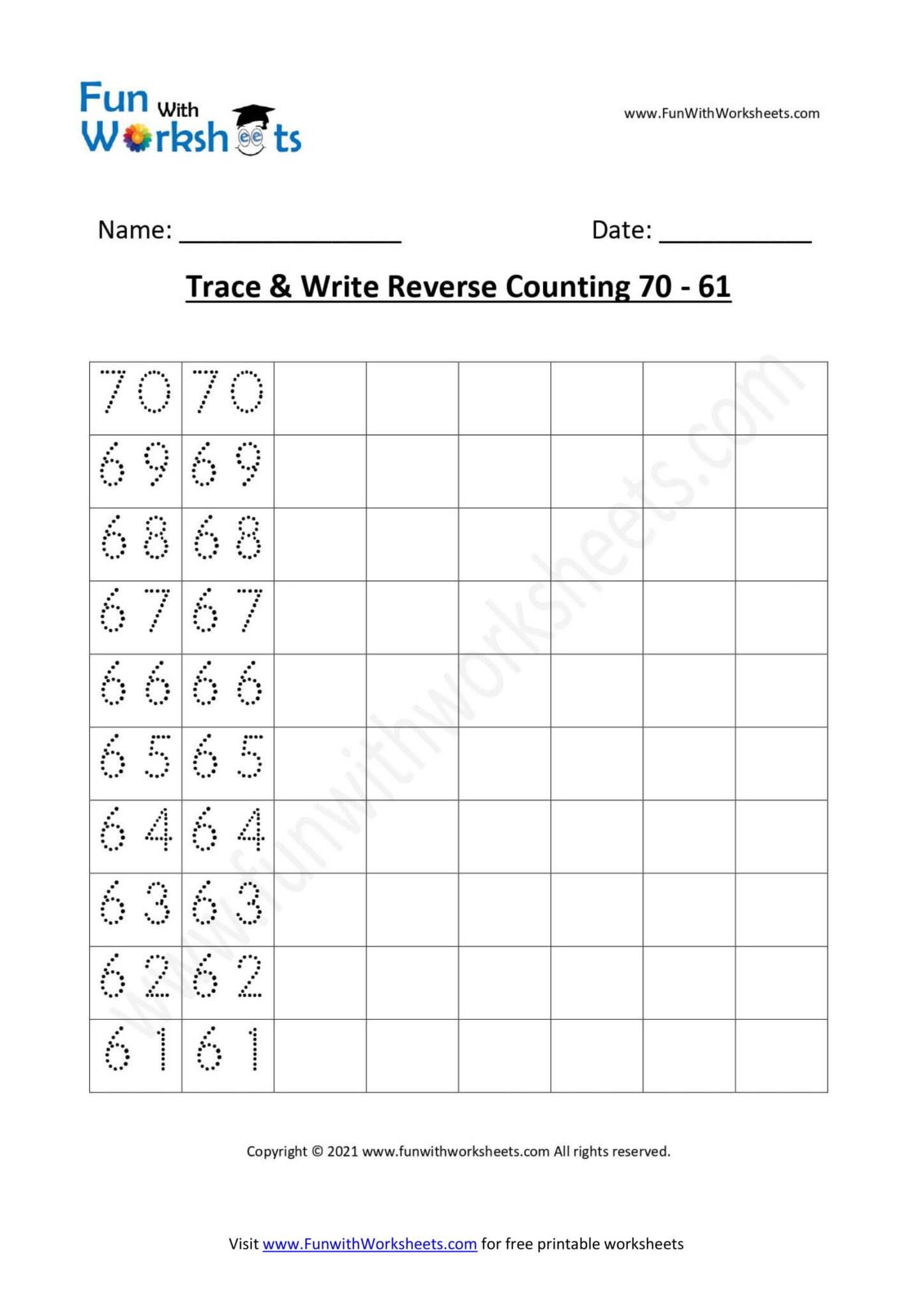 Trace and Learn Reverse Counting Practice worksheets 100-1