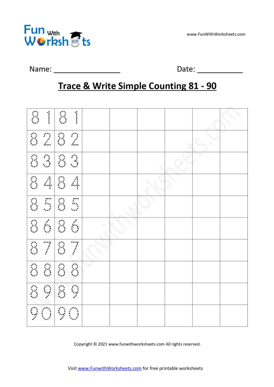 Trace and Learn Simple counting 81-90 - funwithworksheets.com