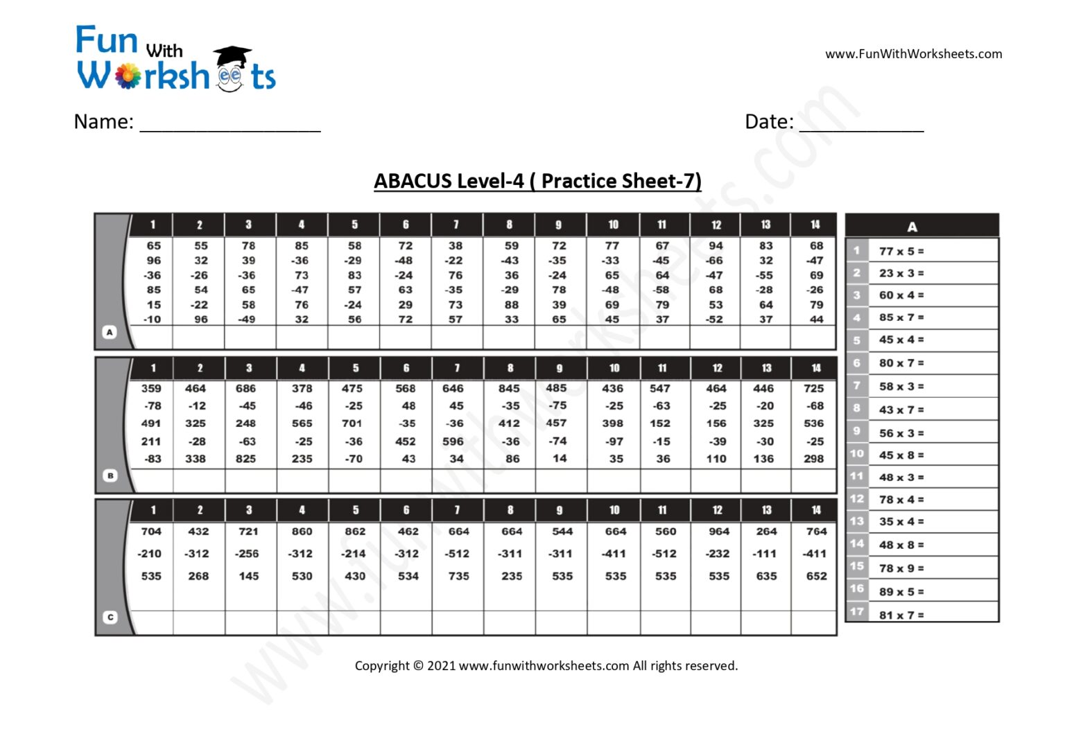 Abacus Practice worksheets Level 4 - Funwithworksheets.com