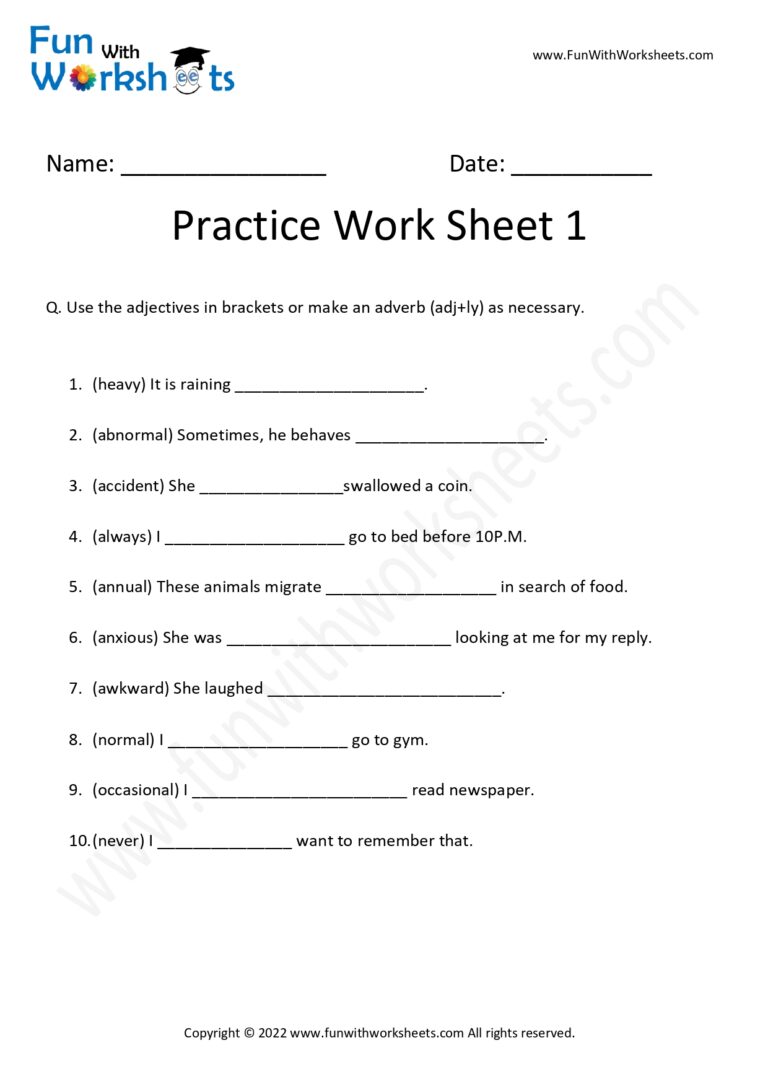 Adverb Practice Worksheet 1 - free printables