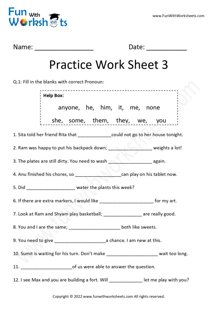 Free Printable Worksheets -English Pronoun Archives - FUN with Worksheets